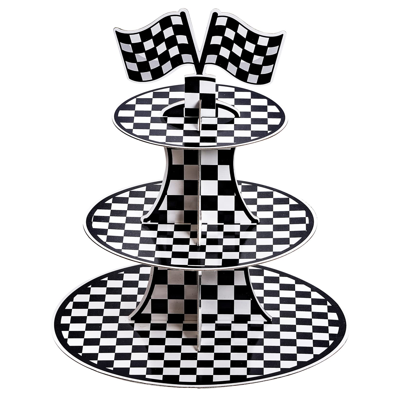 3-Tier Round Cardboard Cupcake Stand, Racing Car Theme Cardboard Cupcake Holder, Car Theme Dessert Display Stand Tower, Black and White Checkered Car Party Decorations Supplies