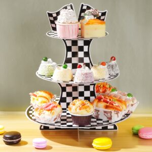 3-Tier Round Cardboard Cupcake Stand, Racing Car Theme Cardboard Cupcake Holder, Car Theme Dessert Display Stand Tower, Black and White Checkered Car Party Decorations Supplies