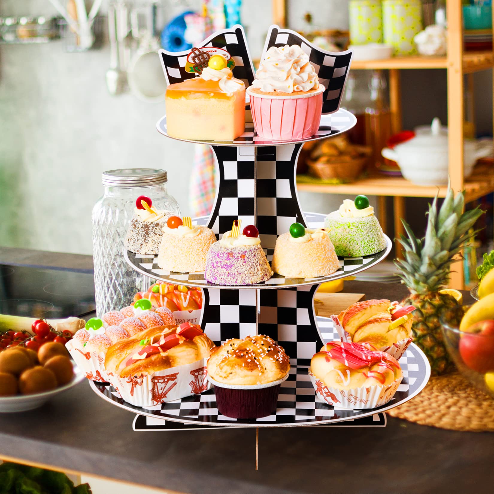 3-Tier Round Cardboard Cupcake Stand, Racing Car Theme Cardboard Cupcake Holder, Car Theme Dessert Display Stand Tower, Black and White Checkered Car Party Decorations Supplies