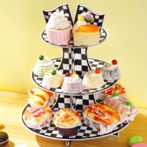 3-Tier Round Cardboard Cupcake Stand, Racing Car Theme Cardboard Cupcake Holder, Car Theme Dessert Display Stand Tower, Black and White Checkered Car Party Decorations Supplies