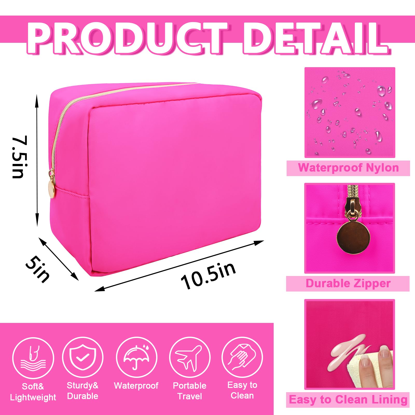 UIXIZQ Waterproof Large Makeup Bag Pouch,Nylon Women Travel Toiletry Storage Bag Preppy Cosmetic Bag for Girls,Big Makeup Organizer Bag Cute Zipper Pouch Bag for Sport Work Gift(Large-Hot Pink)