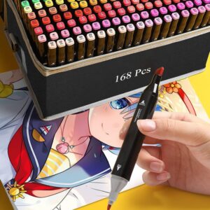 ZECHOMA 168 Colors Alcohol Markers Artist Drawing Art Dual Tip Markers Perfect for Kids Students Adult(168 Black Shell)