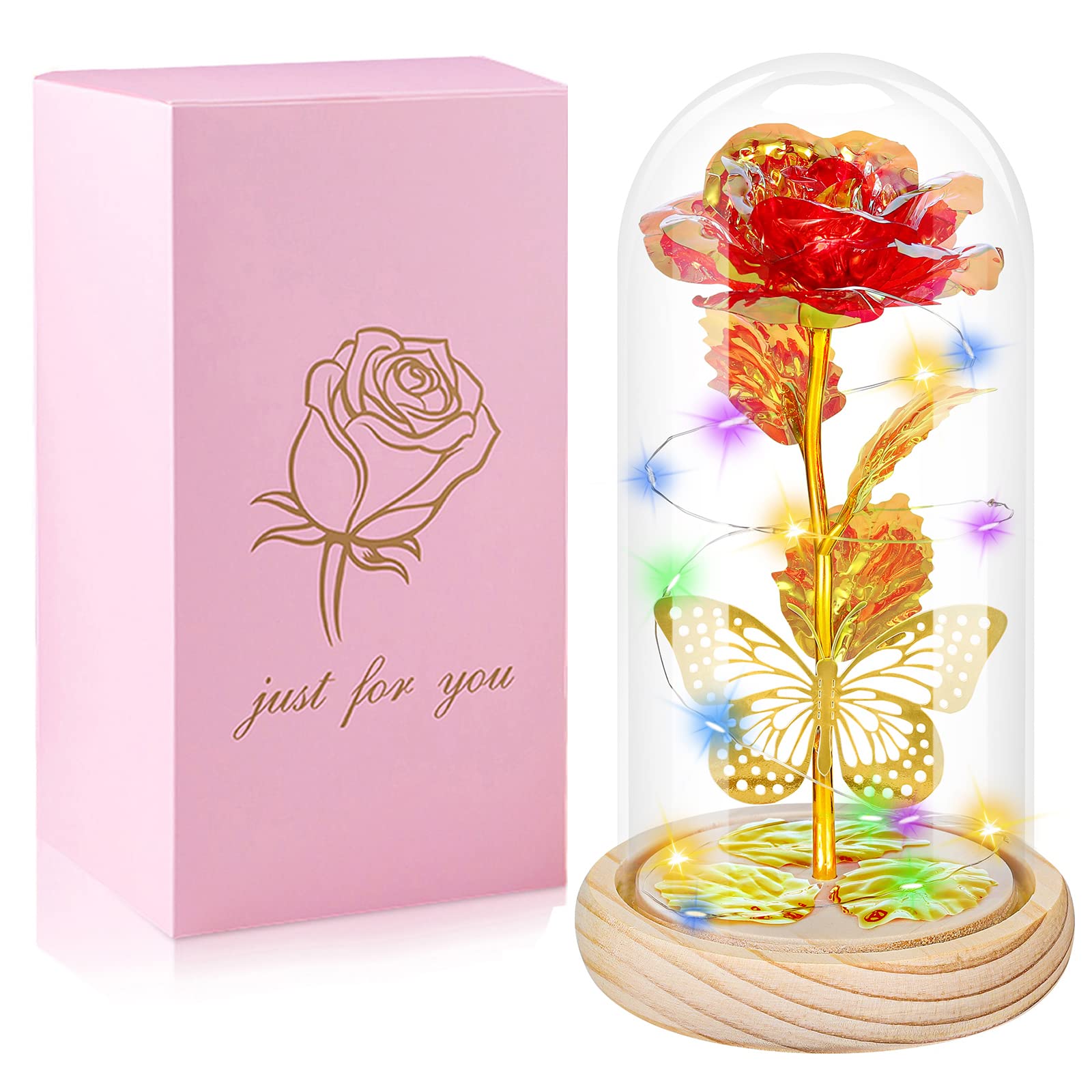 QUNPON Mothers Day Rose Gifts for Mom Birthday Gifts for Women,Mom Gifts for Mother Day from Daughter Galaxy Glass Red Butterfly Flowers Rose Gifts for Sister,Grandma,Her,Wife,Anniversary,Wedding