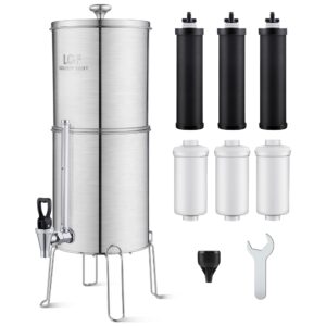 lcf gravity-fed water filter system, 3 gallons stainless-steel system with 6 filters, metal water level spigot and stand, reduces chlorine & fluoride, lcf gravity tank series(lcf-gt- professional)