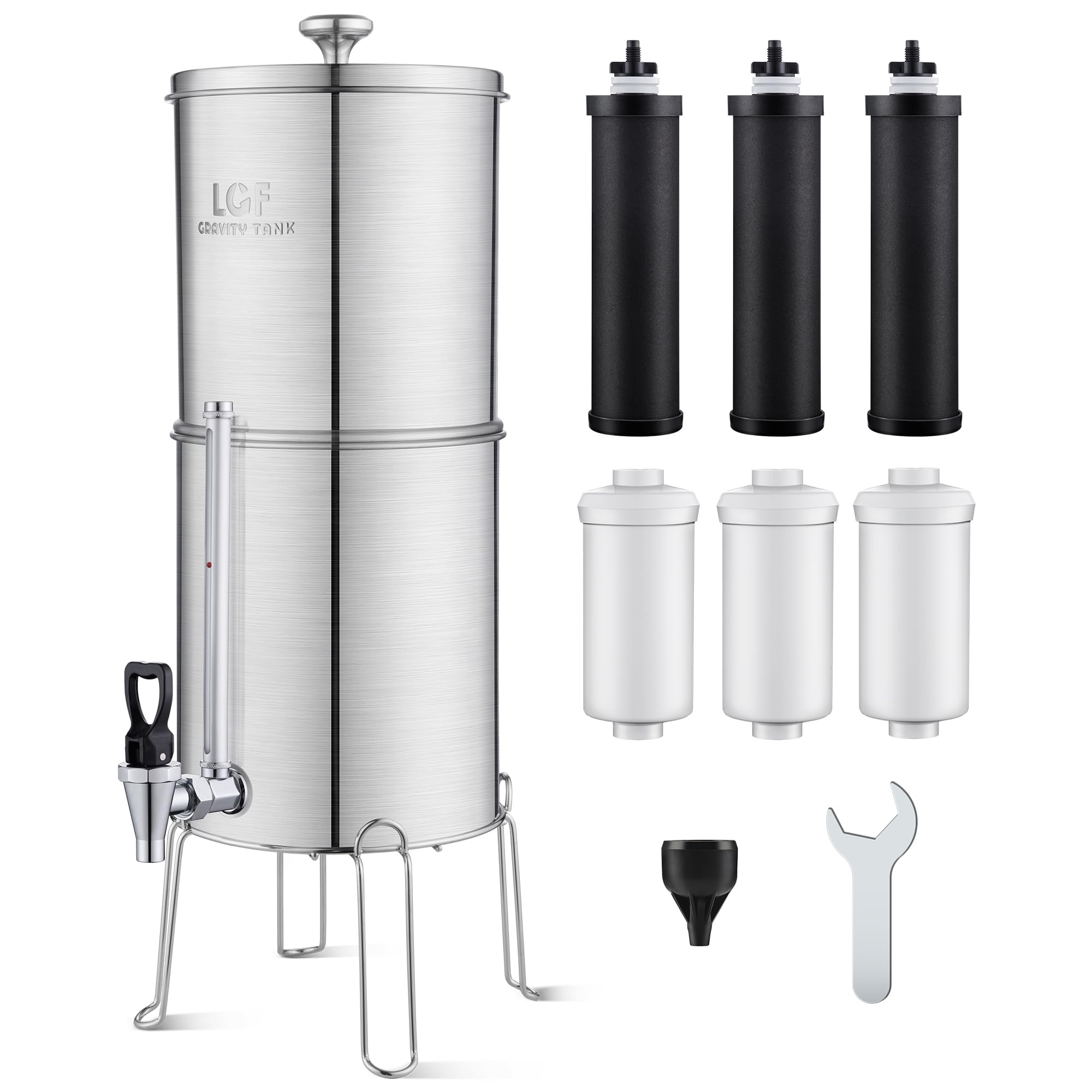 LCF Gravity-fed Water Filter System, 3 Gallons Stainless-Steel System with 6 Filters, Metal Water Level Spigot and Stand, Reduces Chlorine & Fluoride, LCF Gravity Tank series(LCF-GT- Professional)