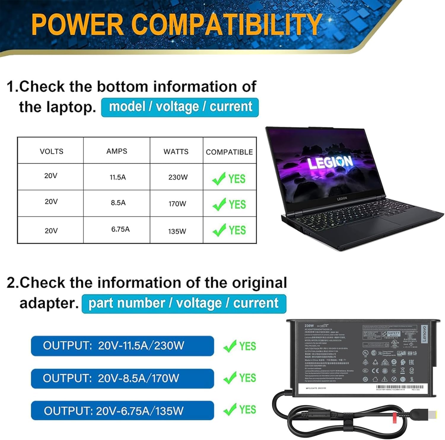 230W AC Adapter Fit for Lenovo Legion Y7000 Y7000P R7000p Y9000K Y900 Y910 G510 Lenovo ThinkPad P50 P51 P51S P52 P53 P70 IdeaPad Y700 Y700-15 Y700-17 Slim Tip 20V 11.5A Laptop Power Supply Charger