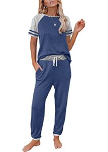 prettygarden short sleeve jogger sets for women 2 piece color block casual tops and long pants track suit matching pajama set(z-grey blue,large)