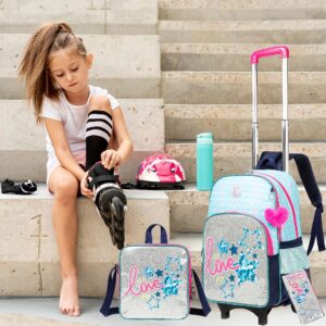 Egchescebo Kids Rolling Backpack for Girls Suitcases Trolley Backpacks with Wheels Roller Luggage Backpack on Wheels with Lunch Box Pencil Case for Elementary Girls Travel School Bag Aged 6-15 Blue