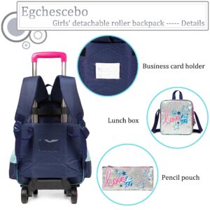 Egchescebo Kids Rolling Backpack for Girls Suitcases Trolley Backpacks with Wheels Roller Luggage Backpack on Wheels with Lunch Box Pencil Case for Elementary Girls Travel School Bag Aged 6-15 Blue