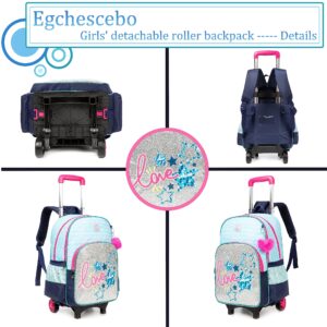 Egchescebo Kids Rolling Backpack for Girls Suitcases Trolley Backpacks with Wheels Roller Luggage Backpack on Wheels with Lunch Box Pencil Case for Elementary Girls Travel School Bag Aged 6-15 Blue