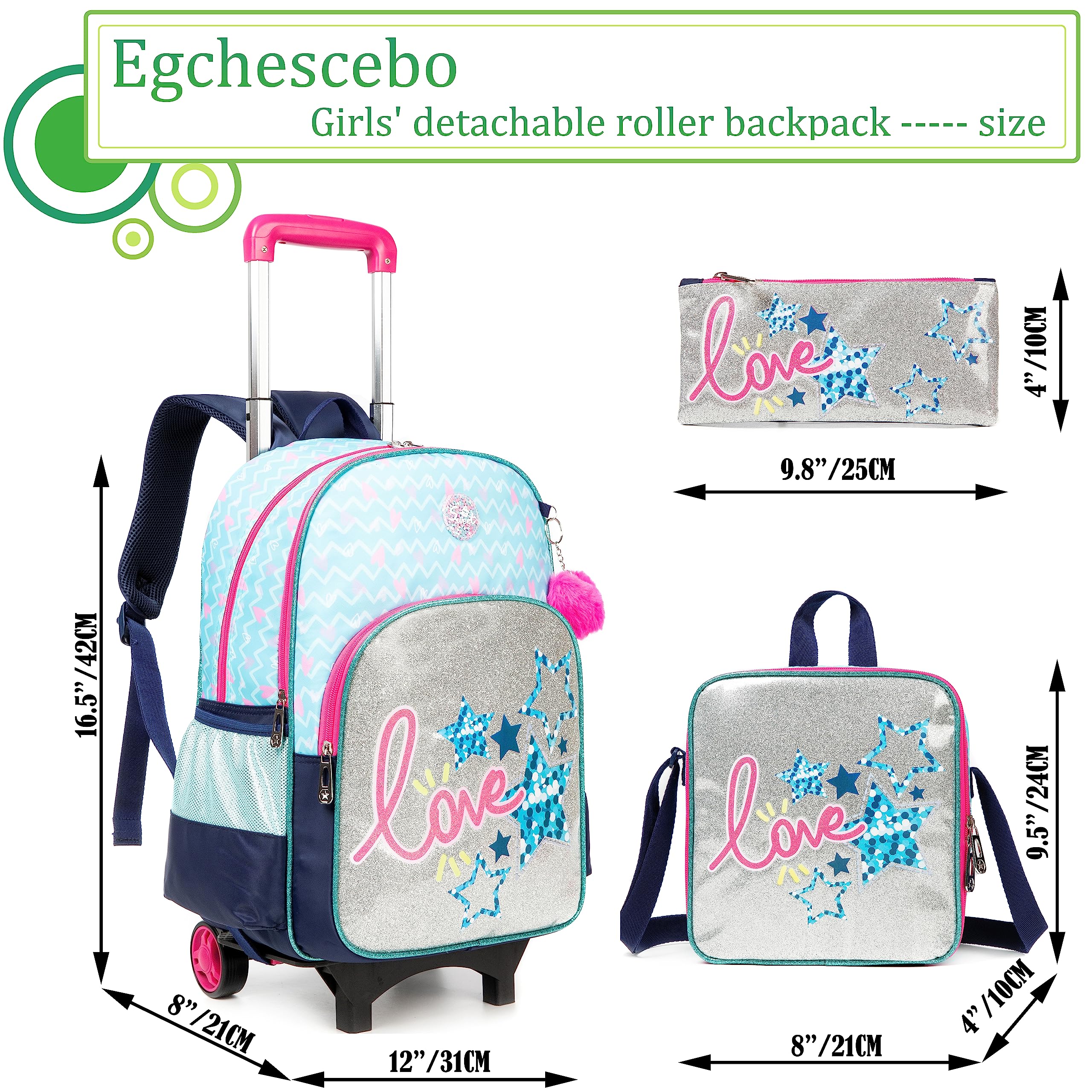 Egchescebo Kids Rolling Backpack for Girls Suitcases Trolley Backpacks with Wheels Roller Luggage Backpack on Wheels with Lunch Box Pencil Case for Elementary Girls Travel School Bag Aged 6-15 Blue