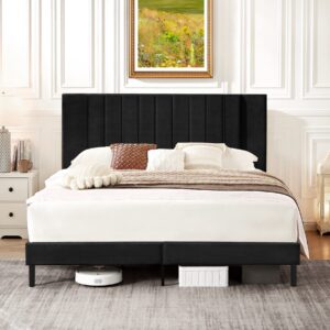 flolinda queen size platform bed frame with velvet upholstered headboard and wooden slats support, fully upholstered mattress foundation/no box spring needed/easy assembly, black