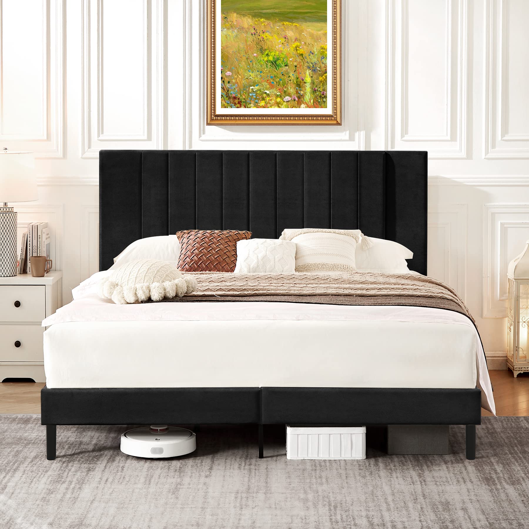 Flolinda Queen Size Platform Bed Frame with Velvet Upholstered Headboard and Wooden Slats Support, Fully Upholstered Mattress Foundation/No Box Spring Needed/Easy Assembly, Black