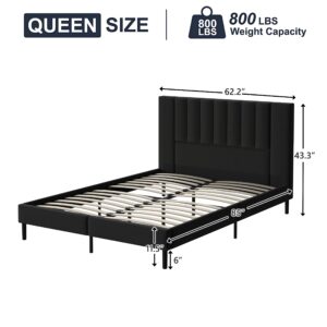 Flolinda Queen Size Platform Bed Frame with Velvet Upholstered Headboard and Wooden Slats Support, Fully Upholstered Mattress Foundation/No Box Spring Needed/Easy Assembly, Black