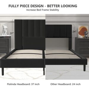 Flolinda Queen Size Platform Bed Frame with Velvet Upholstered Headboard and Wooden Slats Support, Fully Upholstered Mattress Foundation/No Box Spring Needed/Easy Assembly, Black