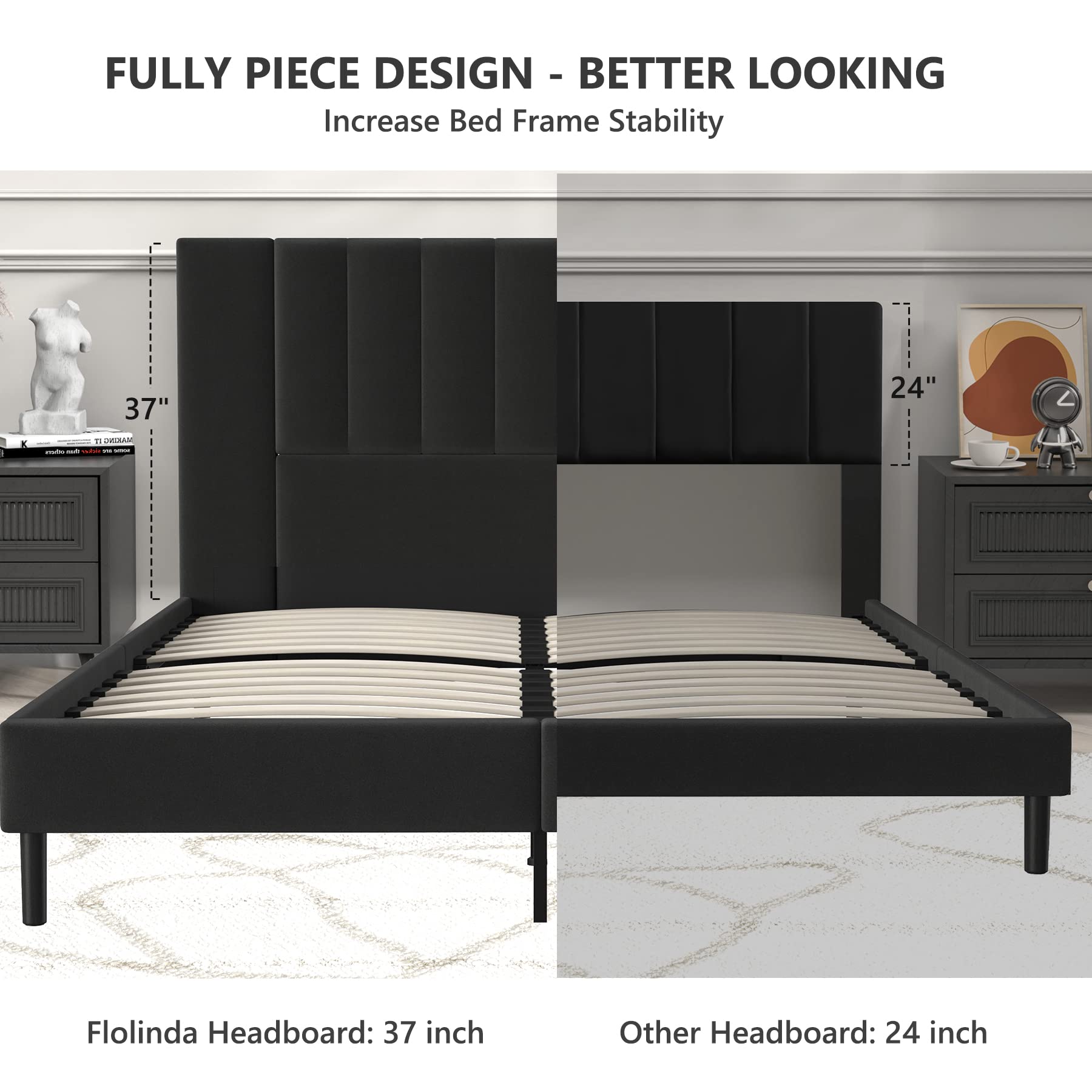 Flolinda Queen Size Platform Bed Frame with Velvet Upholstered Headboard and Wooden Slats Support, Fully Upholstered Mattress Foundation/No Box Spring Needed/Easy Assembly, Black