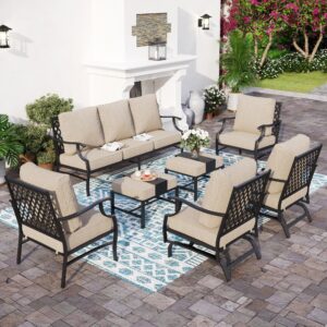 sunshine valley patio furniture set, modern metal outdoor patio furniture, 3 seater sofa, 2 fixed chairs, 2 rocking chairs, 2 ottomans and 5.75" extra thick cushion, patio conversation set for garden