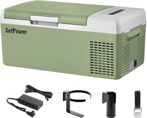 setpower fc15 portable 12v refrigerator, -4℉-68℉ fast cooling car refrigerator, 15l/15.8qt car fridge portable freezer with 12/24v dc & 110/240v ac, electric cooler (green, 15l with ac adapter)