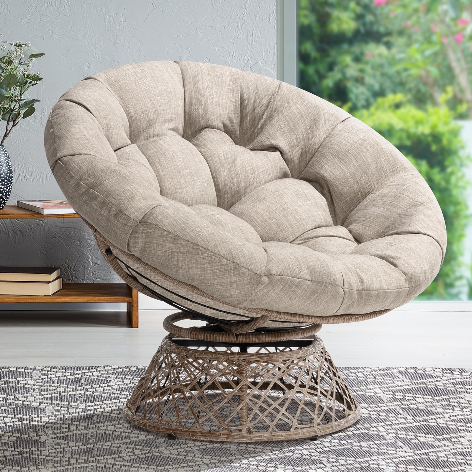 Bme 40" Ergonomic Wicker Papasan Chair with Soft Thick Density Fabric Cushion, High Capacity Steel Frame, 360 Degree Swivel for Living, Bedroom, Reading Room, Lounge, Silver Cloud - Brown Base