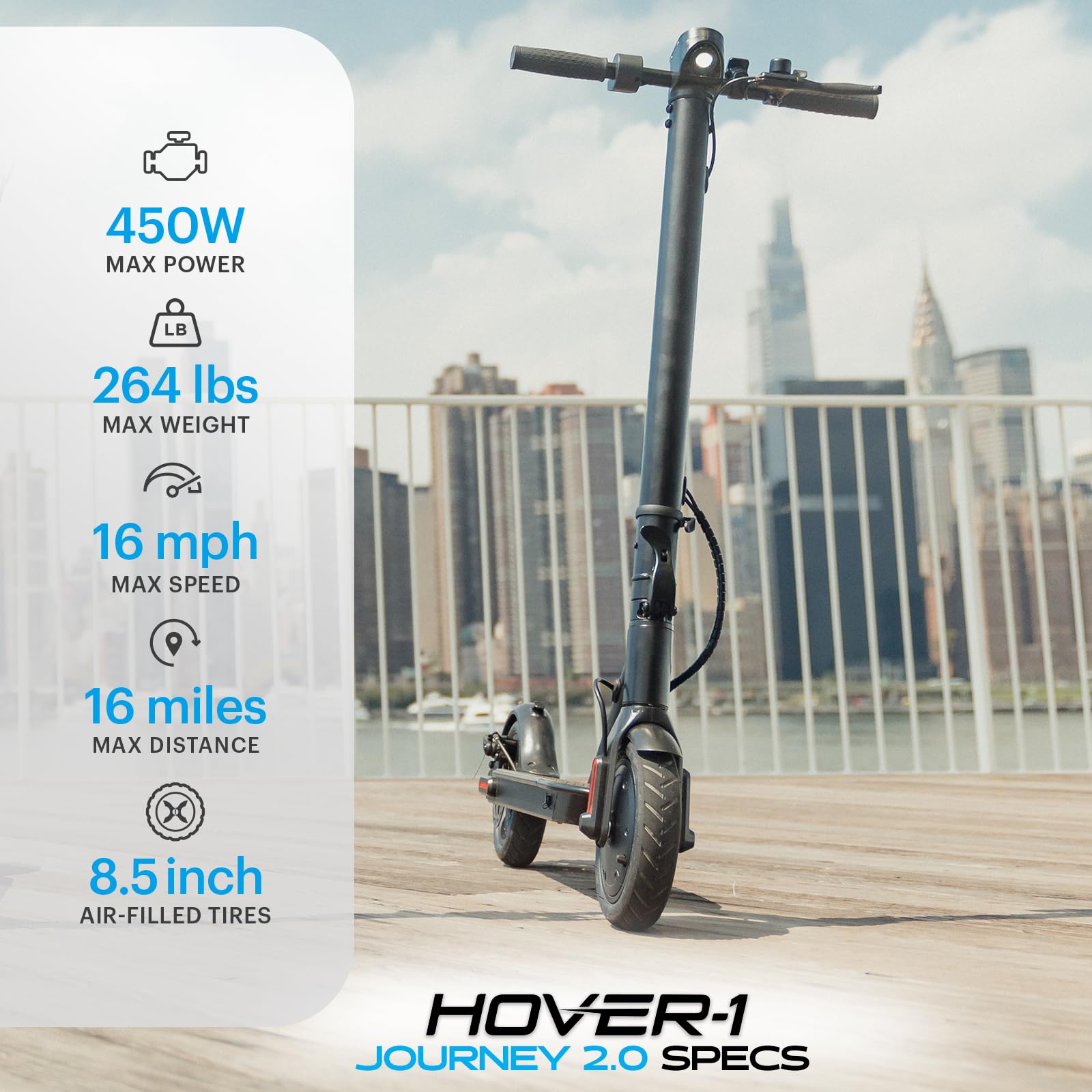 Hover-1 Journey 2.0 Foldable Electric Scooter for Adults with 350W Brushless Motor, 15 mph Max Speed, 8.5” Air-Filled Tires and 16 Mile Range