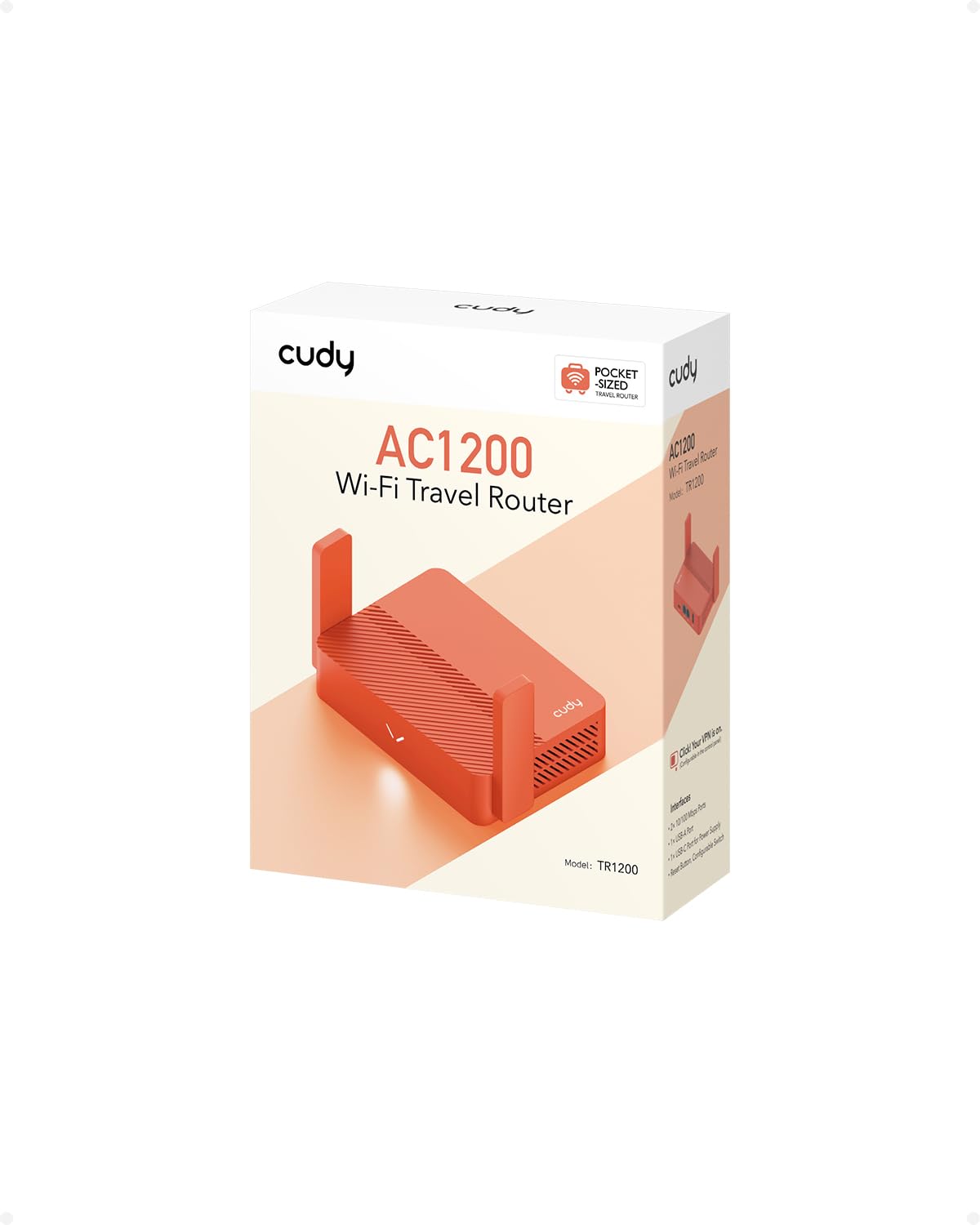 Cudy AC1200 Pocket-Sized Wi-Fi Travel Router, Extender/Repeater for Hotel&Public Network, WISP, VPN Client and Server, USB,TR1200