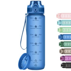 alwager 32oz motivational water bottles with time marker & fruit strainer, single color water bottle with times to drink, leakproof & bpa free, reusable plastic bottle with strap (no straw)