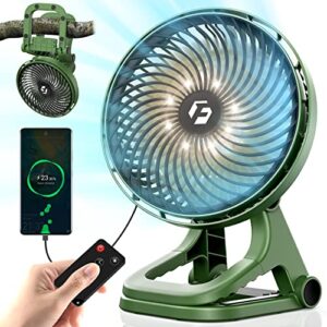 portable camping fan - 12000mah 8-inch clip on fan with colossal clamp - rechargeable fan with led & remote - golf cart fan for outdoor, travel, workshop, hurricane emergency (green)