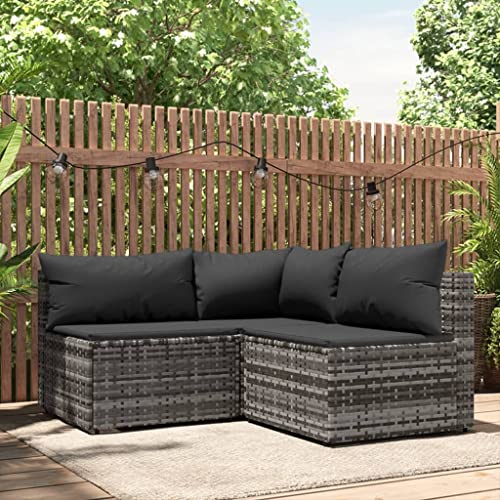 vidaXL Patio Lounge Set, 3 Piece with Thickly Padded Cushions, Gray PE Rattan, Powder-Coated Steel Frames, Modular Design, Perfect for Garden Relaxation and Dining