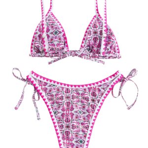 ZAFUL Women's Swimsuits Boho Floral Print Triangle String Thong Bikini Set Sexy High Cut Swimwear Bathing Suit Pink