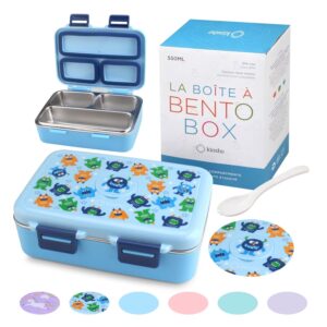 kinsho stainless steel lunch box for baby or toddlers boys, mini bento, 3 eco metal portion sections leakproof lid, pre-school daycare lunches, kids spill-proof snack container, blue cute monster