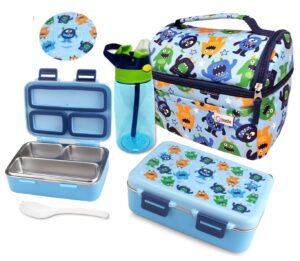 stainless steel bento box for toddlers, insulated lunch bag water bottle set for kids. metal snack container for small children, baby boys, toddler daycare or pre-school lunches, cute blue monster