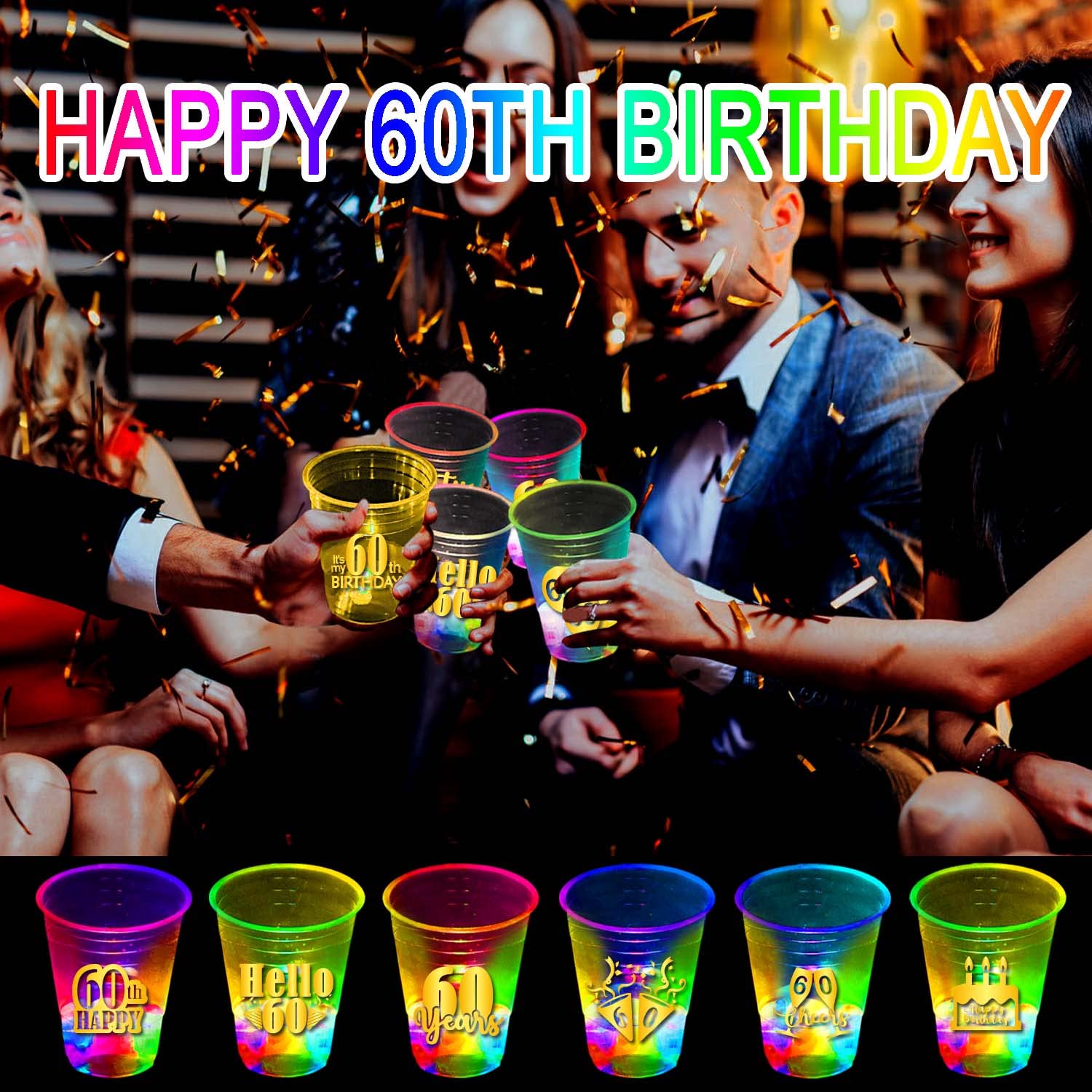 mishunyus 24 Pcs Glow 60th Birthday Cups for Men Women, 60th Birthday Ideas, 60th Party Centerpieces for Tables Decorations (16 OZ)