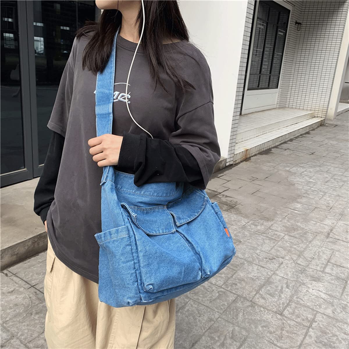 JARKJARD Canvas Messenger Bag Denim Shoulder Bag for Women Men Hobo Crossbody Bag with Multiple Pockets Casual Retro Tote Bag Handbag Large Capacity Purse(Light Blue)