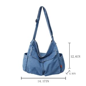 JARKJARD Canvas Messenger Bag Denim Shoulder Bag for Women Men Hobo Crossbody Bag with Multiple Pockets Casual Retro Tote Bag Handbag Large Capacity Purse(Light Blue)