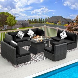 radiata pe wicker patio furniture set sectional high back large size sofa sets with propane fire pit table 55000 btu balcony rattan lounge conversation sets for outdoor (9 pieces,black)