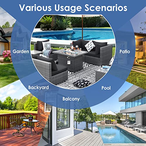 RADIATA PE Wicker Patio Furniture Set Sectional High Back Large Size Sofa Sets with Propane Fire Pit Table 55000 BTU Balcony Rattan Lounge Conversation Sets for Outdoor (9 Pieces,Black)