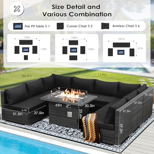 RADIATA PE Wicker Patio Furniture Set Sectional High Back Large Size Sofa Sets with Propane Fire Pit Table 55000 BTU Balcony Rattan Lounge Conversation Sets for Outdoor (9 Pieces,Black)