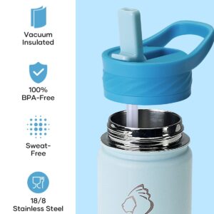 14oz Kids Water Bottle for School Toddler Thermo Water Cups with Straw Lid & Silicone Boot, BUZIO Stainless Steel BPA-Free Insulated Water Tumbler Travel Bottles, Metal Mug with Stickers- Blue