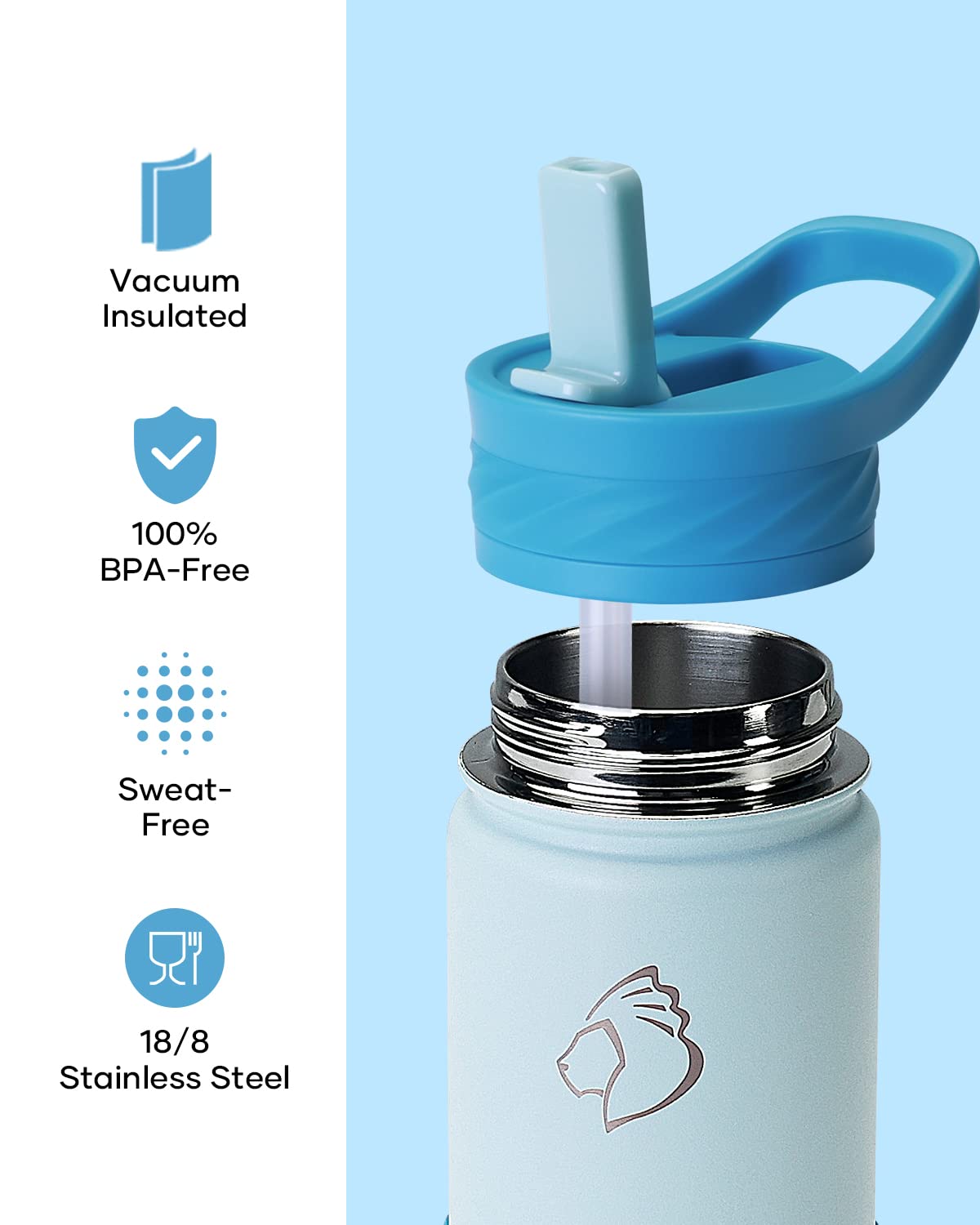 14oz Kids Water Bottle for School Toddler Thermo Water Cups with Straw Lid & Silicone Boot, BUZIO Stainless Steel BPA-Free Insulated Water Tumbler Travel Bottles, Metal Mug with Stickers- Blue