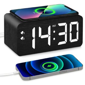 urayco wooden digital alarm clock, 10w fast wireless charger station & 2 usb charging ports, with 0~99% dimmer, dual alarm, weekday/weekend mode, wood led clock for bedroom, desk, office