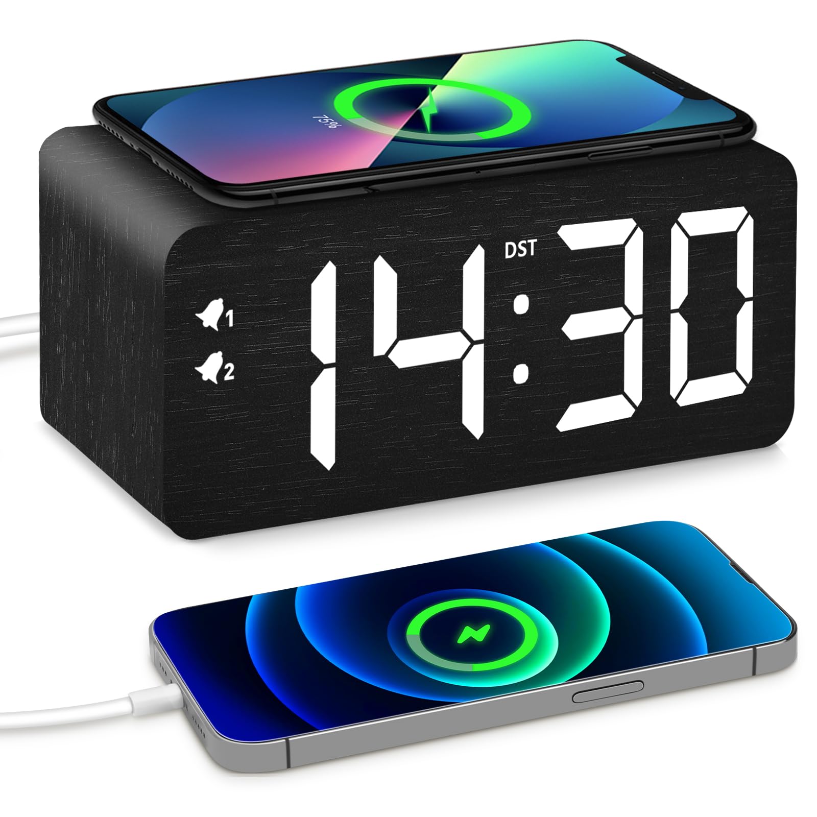 URAYCO Wooden Digital Alarm Clock, 10W Fast Wireless Charger Station & 2 USB Charging Ports, with 0~99% Dimmer, Dual Alarm, Weekday/Weekend Mode, Wood LED Clock for Bedroom, Desk, Office