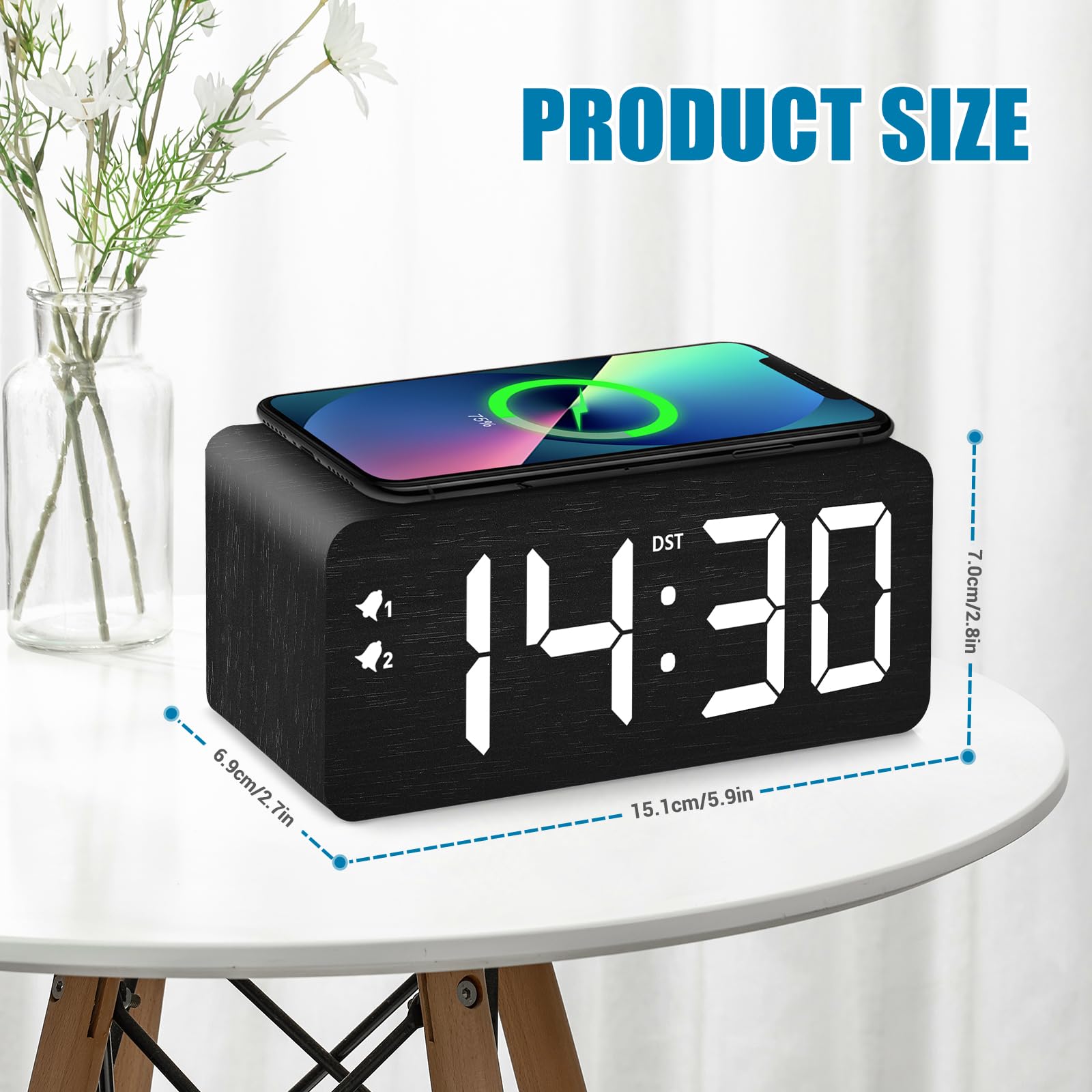 URAYCO Wooden Digital Alarm Clock, 10W Fast Wireless Charger Station & 2 USB Charging Ports, with 0~99% Dimmer, Dual Alarm, Weekday/Weekend Mode, Wood LED Clock for Bedroom, Desk, Office