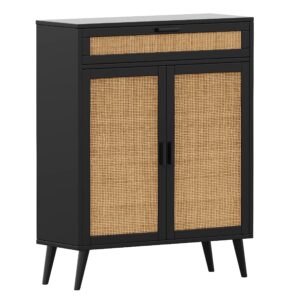 rovaurx accent floor storage cabinet with rattan doors, bathroom cabinet with large drawer, floor cabinet organizer, black and natural bmgz107b