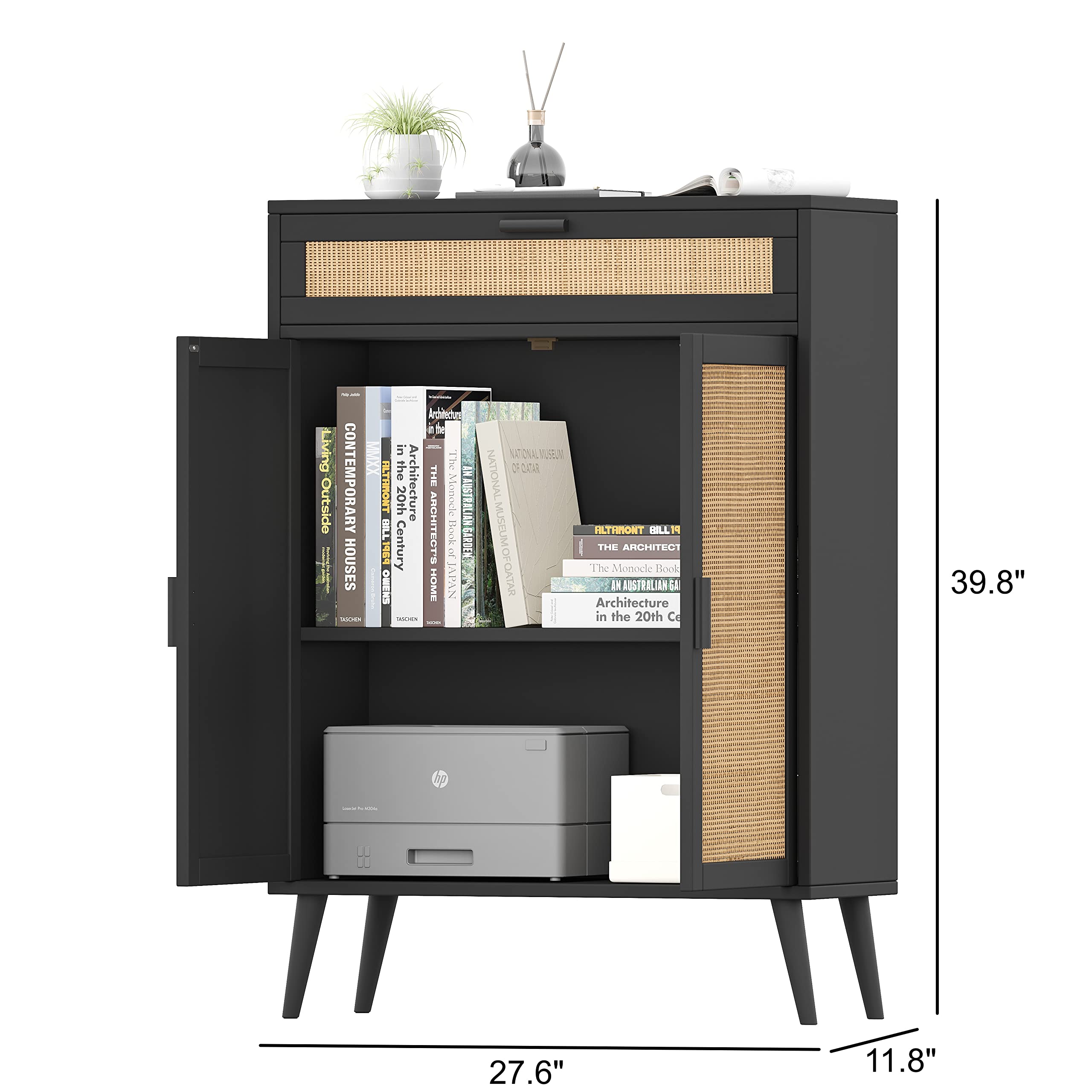 Rovaurx Accent Floor Storage Cabinet with Rattan Doors, Bathroom Cabinet with Large Drawer, Floor Cabinet Organizer, Black and Natural BMGZ107B