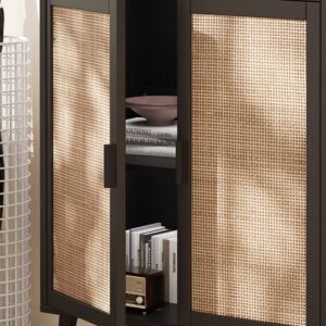 Rovaurx Accent Floor Storage Cabinet with Rattan Doors, Bathroom Cabinet with Large Drawer, Floor Cabinet Organizer, Black and Natural BMGZ107B