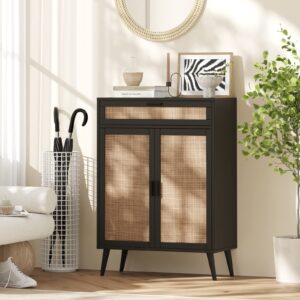 Rovaurx Accent Floor Storage Cabinet with Rattan Doors, Bathroom Cabinet with Large Drawer, Floor Cabinet Organizer, Black and Natural BMGZ107B