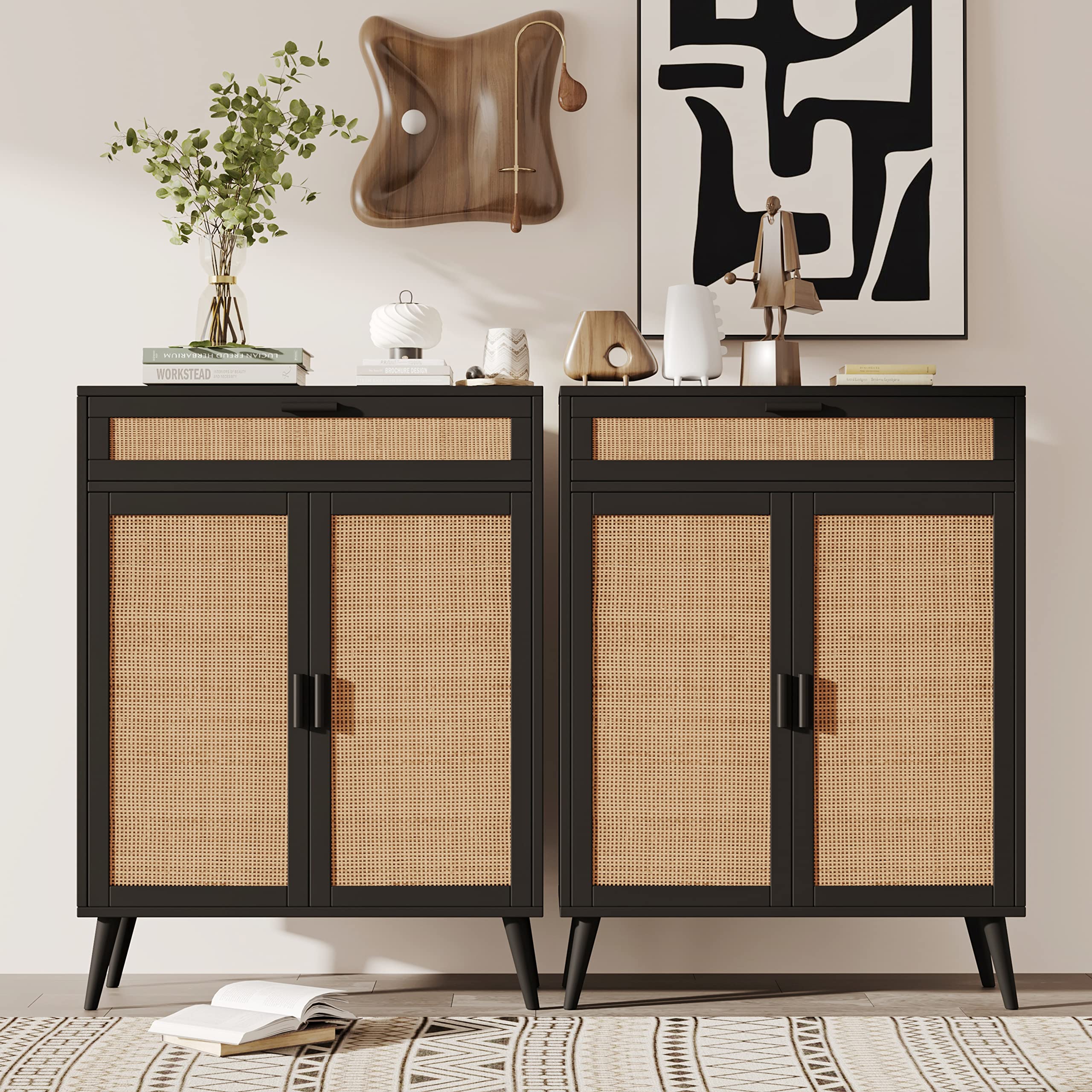 Rovaurx Accent Floor Storage Cabinet with Rattan Doors, Bathroom Cabinet with Large Drawer, Floor Cabinet Organizer, Black and Natural BMGZ107B