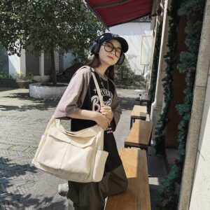 PRAGARI Canvas Messenger Bag Crossbody for Women White Shoulder Aesthetic Laptop Tote Bag Hobo Large Cute School Travel Vintage Multiple Pockets