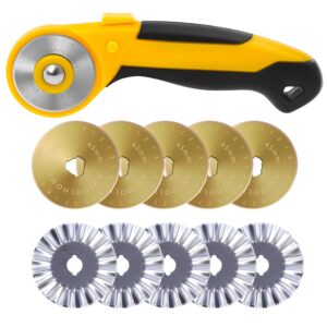 autotoolhome 45mm rotary cutter automatic fabric cutter 5pcs titanium replacement blades 5pcs pinking rotary blades with safety lock for quilting, sewing, crafts