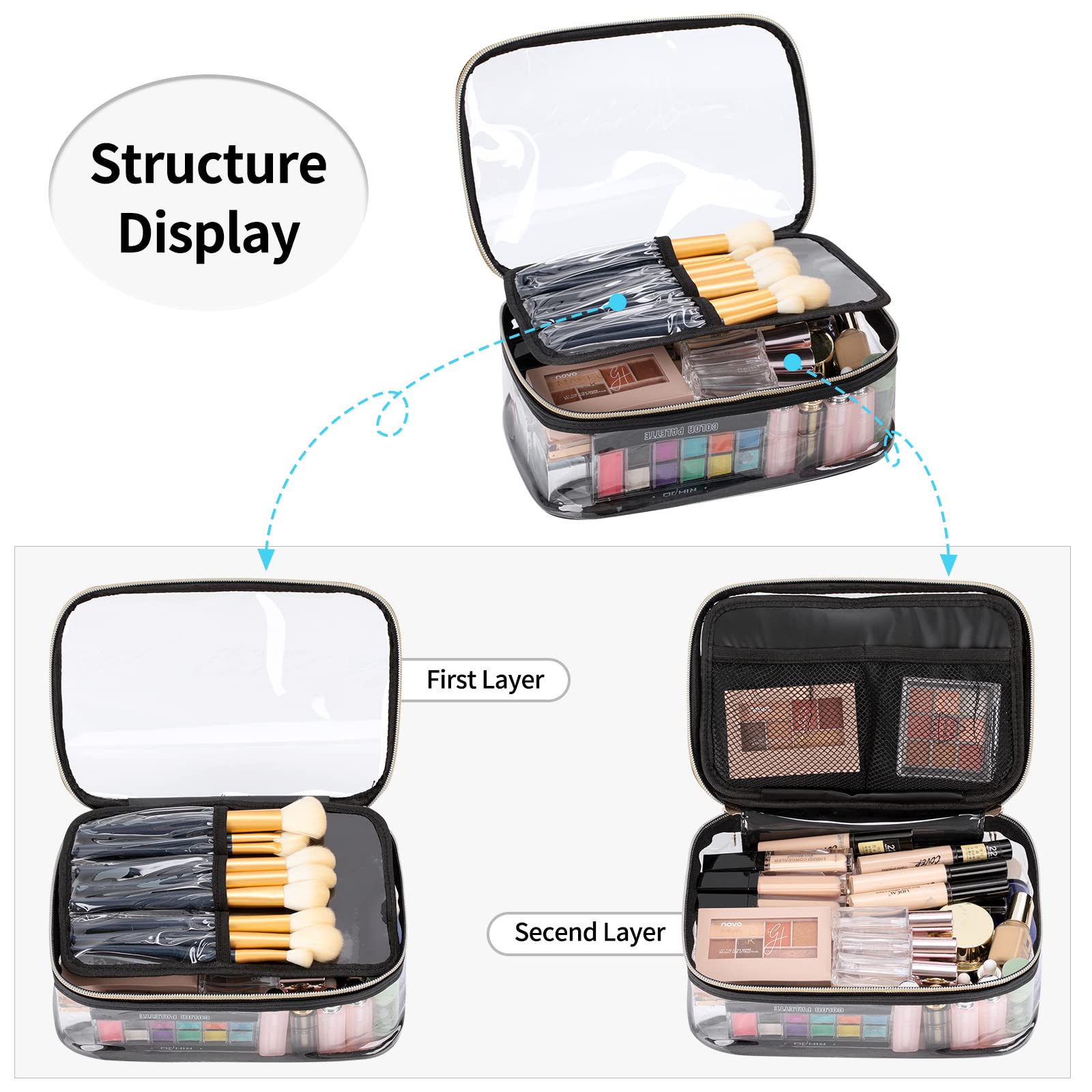 OCHEAL Clear Makeup Bag, Portable Makeup Organizer Cosmetic Bag, Travel Makeup Bag Cute Clear Pouch For Women and Girls Cosmetics Bags with Divider Makeup Brush Compartment-Large